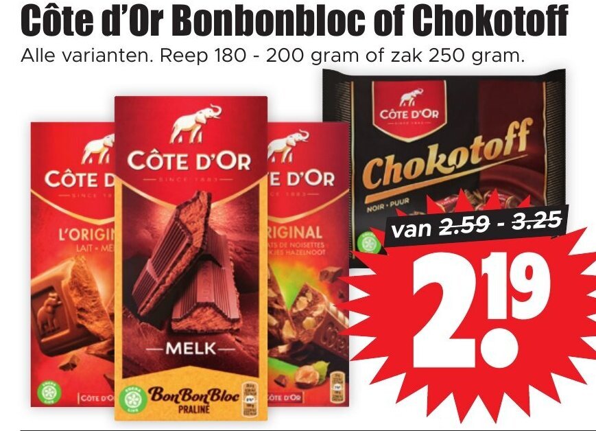Cote d'or bonbonbloc of chokotoff 180-200g aanbieding bij Dirk