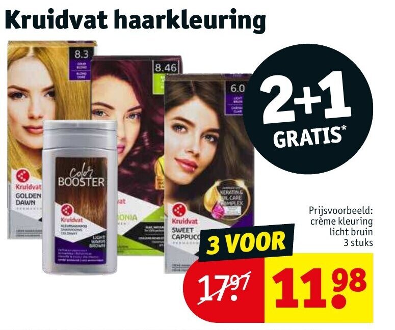 Creme kleuring licht bruin 2+1 gratis aanbieding bij Kruidvat
