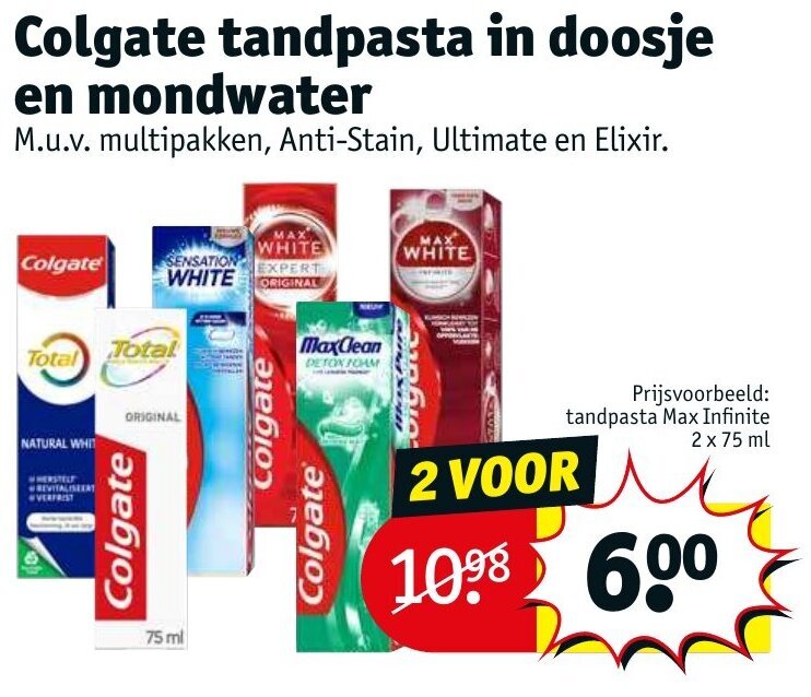 Colgate tandpasta max infinite 2 x 75 ml aanbieding bij Kruidvat