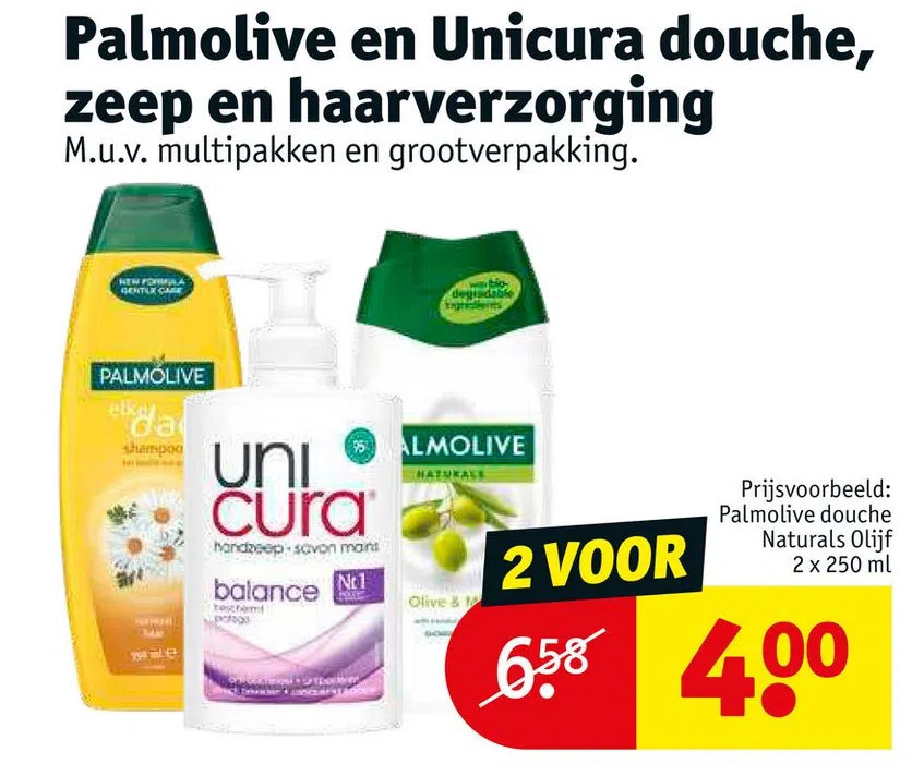 Palmolive en unicura douche, zeep en haarverzorging aanbieding bij Kruidvat
