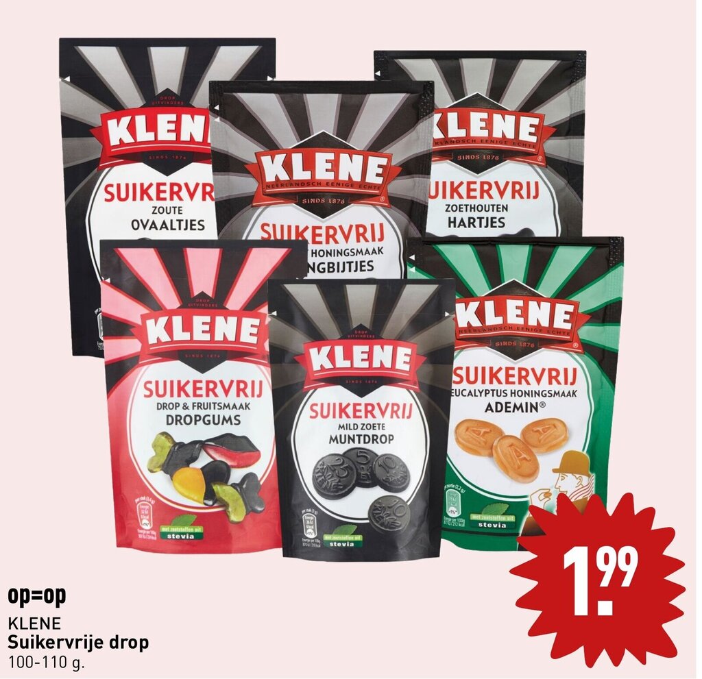 Klene suikervrije drop 100-110g aanbieding bij ALDI