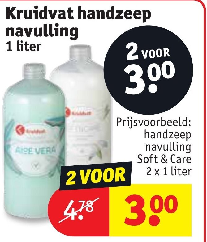 Handzeep navulling soft & care 2x1 liter aanbieding bij Kruidvat