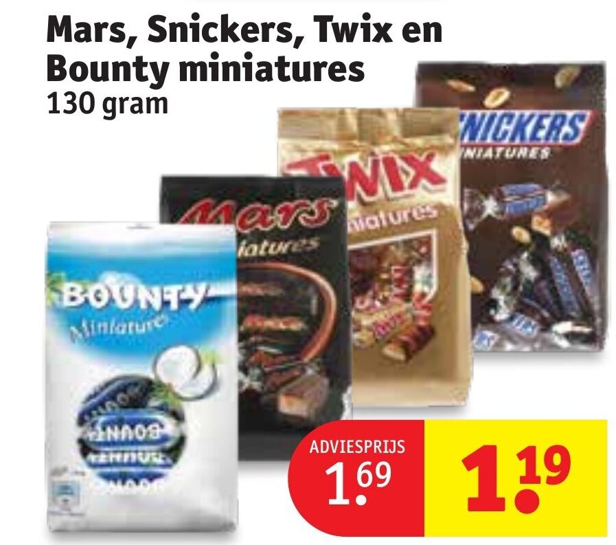 Mars, snickers, twix en bounty miniatures 130g aanbieding bij Kruidvat