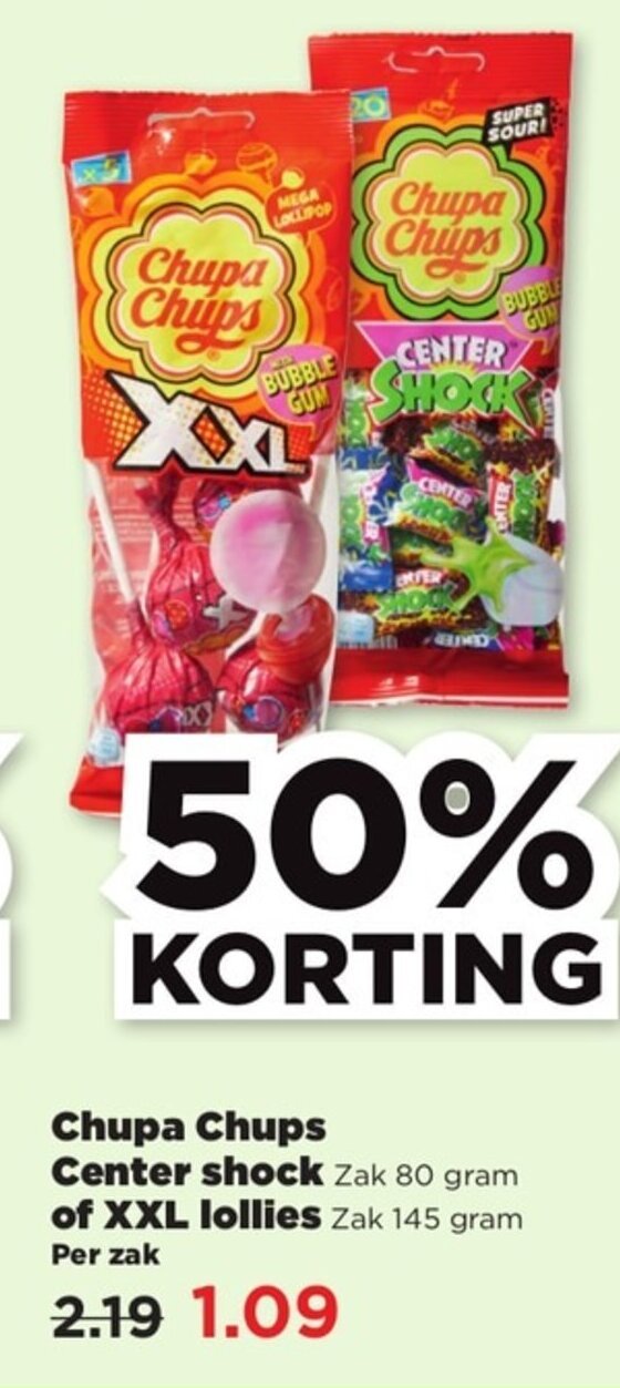 Chupa chups center shock 80g of XXL lollies 145g aanbieding bij PLUS