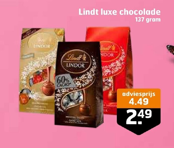 Lindt luxe chocolade 137g aanbieding bij Trekpleister