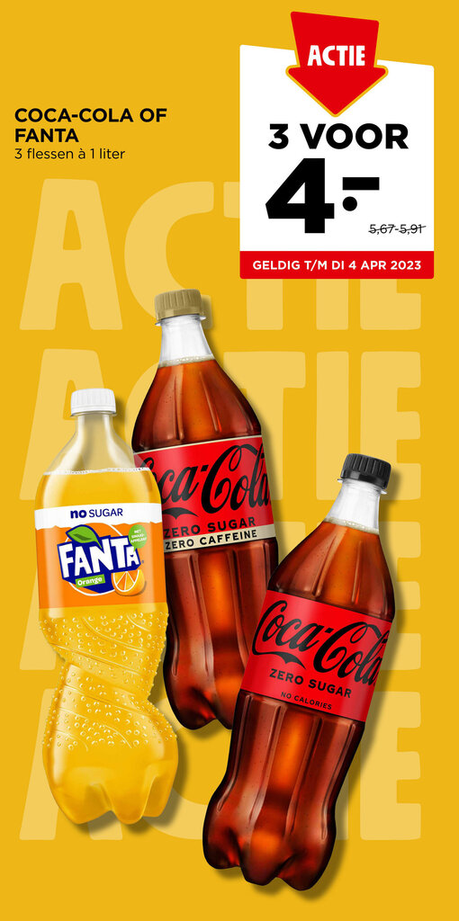 Coca-Cola Of Fanta 3 flessen a liter aanbieding bij Jumbo