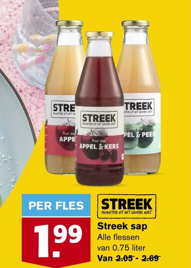 Streek sap 0.75 liter per fles aanbieding bij Hoogvliet