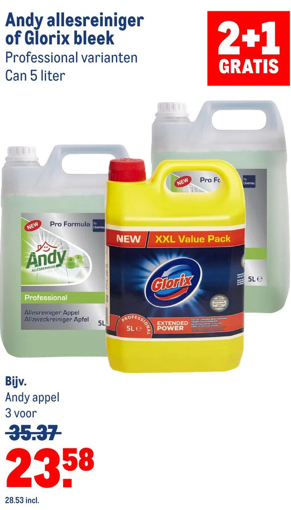 Andy allesreiniger of glorix bleek 2+1 GRATIS aanbieding bij Makro