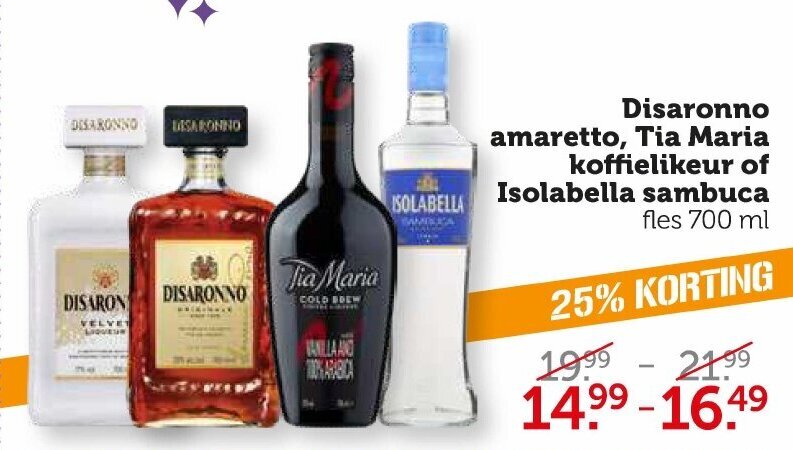 Disaronno amaretto, tia maria koffielikeur of isolabella sambuca 700ml ...