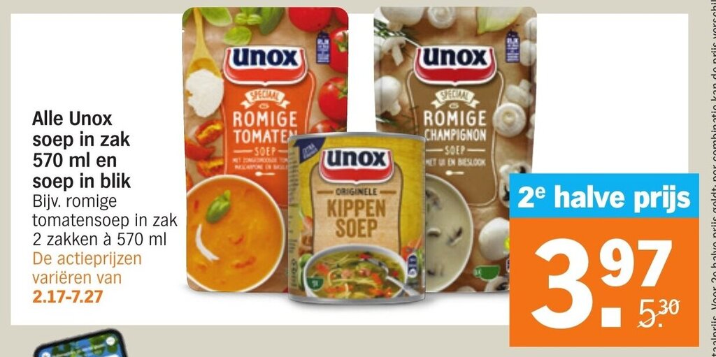 Alle unox soep in zak 570ml en soep in blik aanbieding bij Albert Heijn