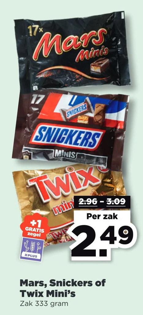 Mars, snickers of twix mini's aanbieding bij PLUS