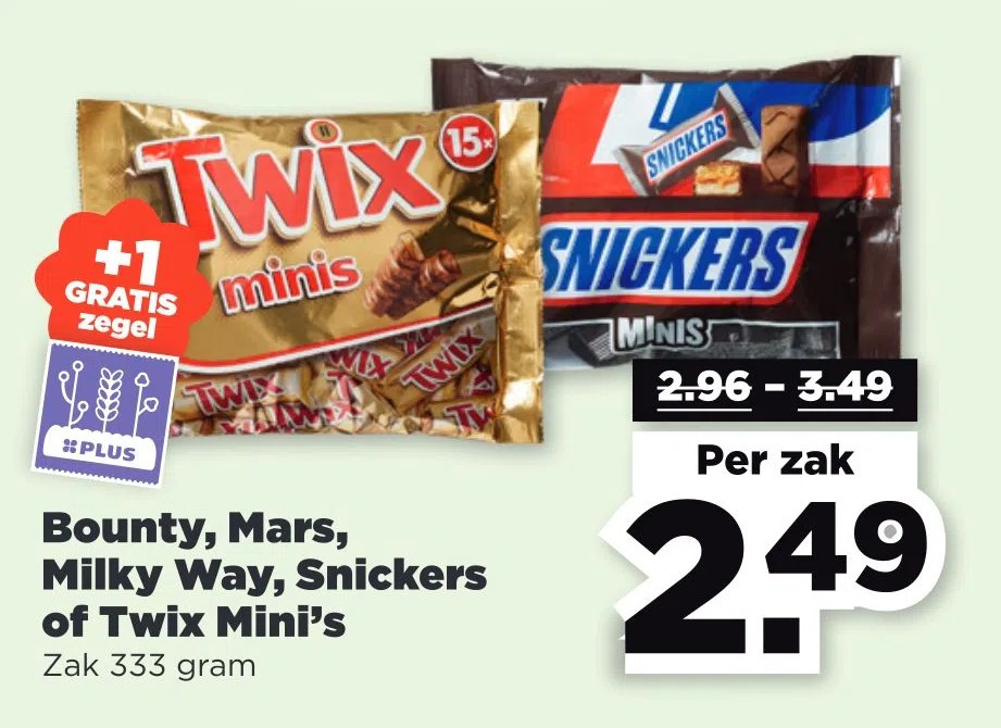 Bounty, mars, milky way, snickers of twix mini's aanbieding bij PLUS