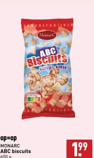 Monarc abc biscuits 600 g. aanbieding bij ALDI
