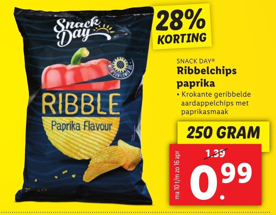 Snack Day ribbelchips paprika 250 gram aanbieding bij Lidl