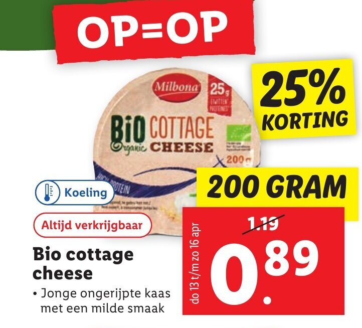 Milbona bio cottage cheesse 200 gram aanbieding bij Lidl