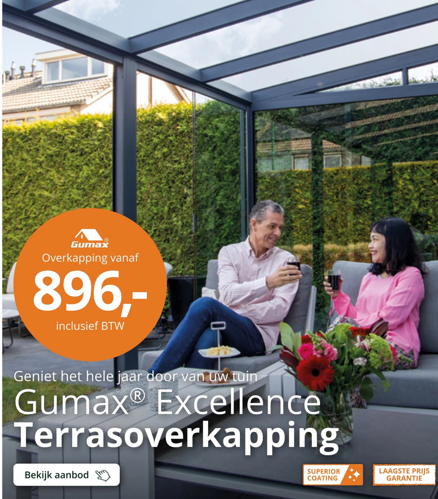 Gumax® excellence terrasoverkapping aanbieding bij Tuinmaximaal