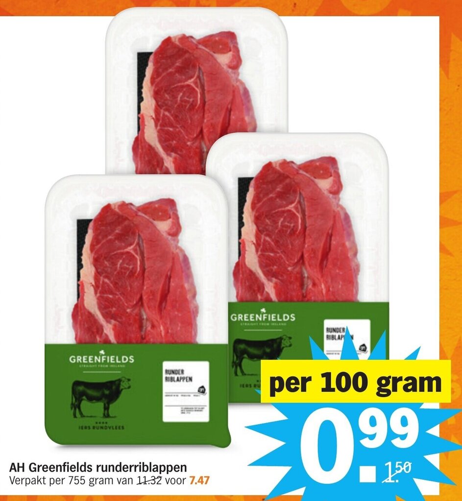 Greenfields runderriblappen 100 gram aanbieding bij Albert Heijn
