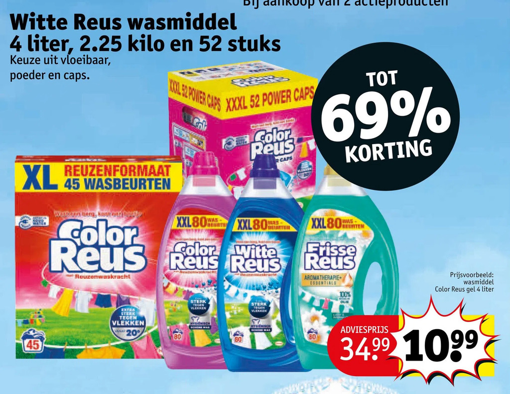 Witte reus wasmiddel 4 liter, 2.25 kilo en 52 stuks aanbieding bij Kruidvat