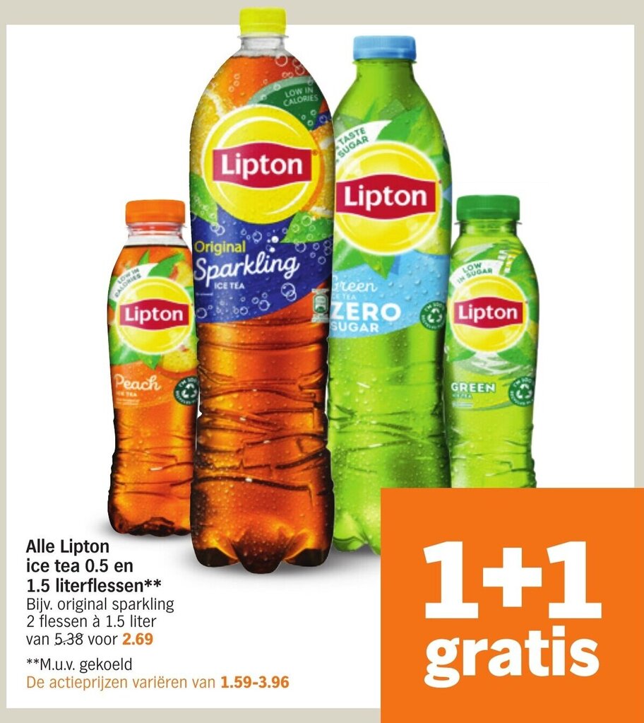 Lipton original sparkling 1.5 liter 1+1 gratis aanbieding bij Albert Heijn