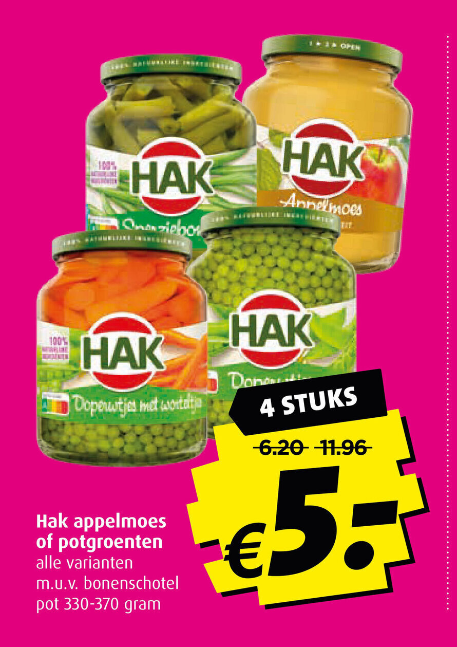 Hak appelmoes of potgroenten pot 330-370 gram 4 stuks aanbieding bij Boni