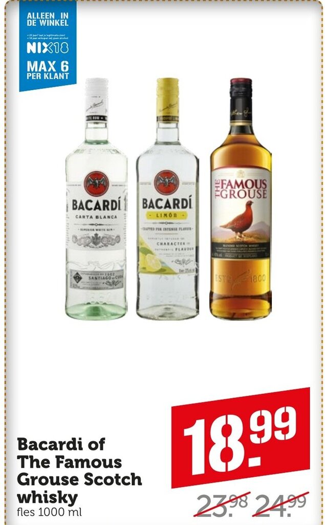 Bacardi of The Famous Grouse scotch whisky 1000ML aanbieding bij Coop