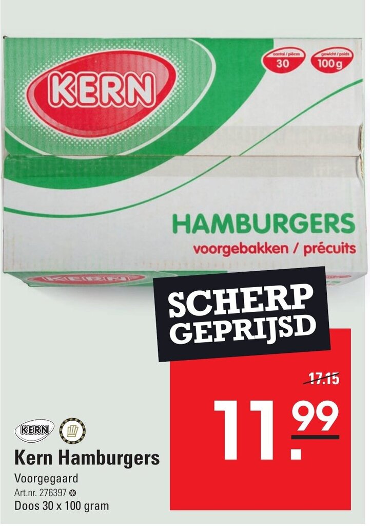 Kern hamburgers 30 x 100 gram aanbieding bij Sligro