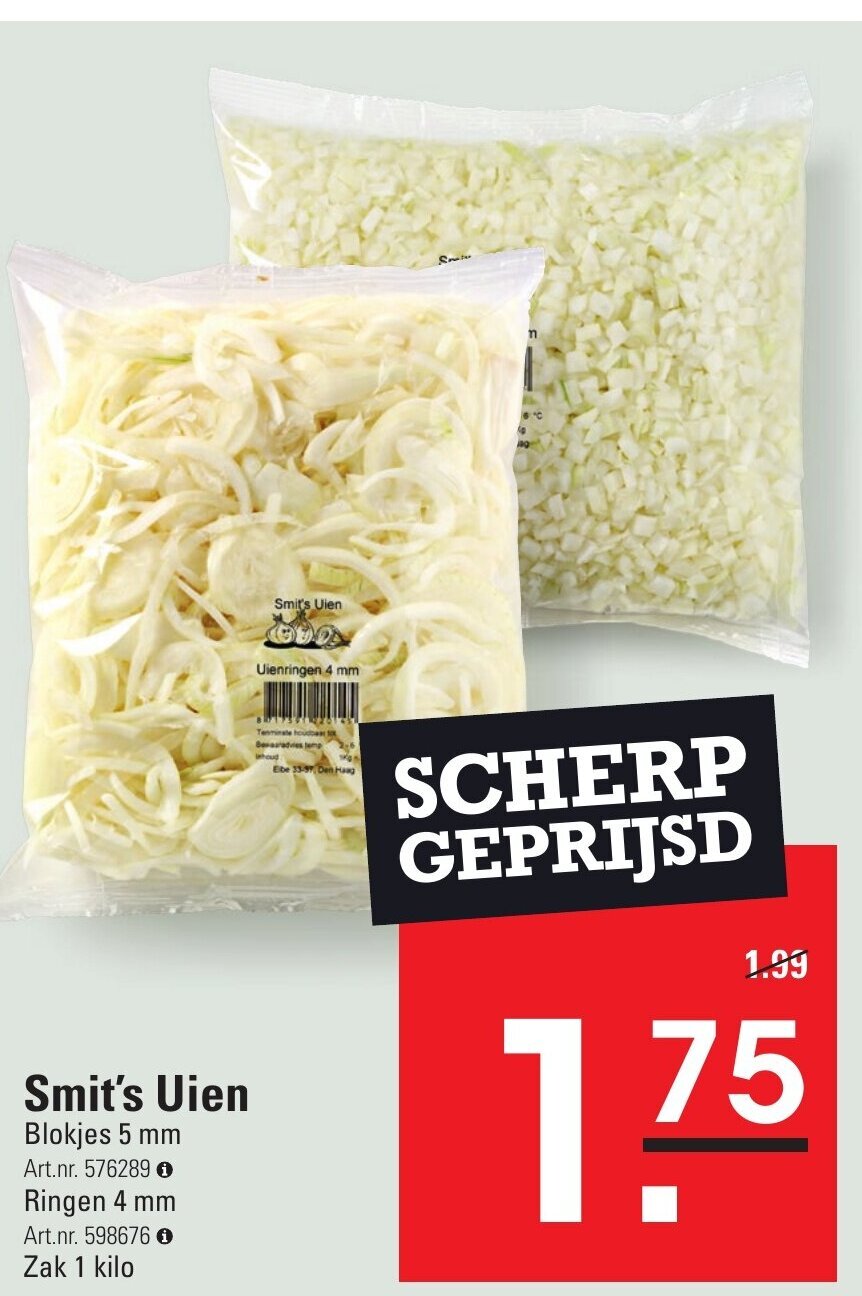 Smit's uien blokjes 5mm zak 1 kilo aanbieding bij Sligro