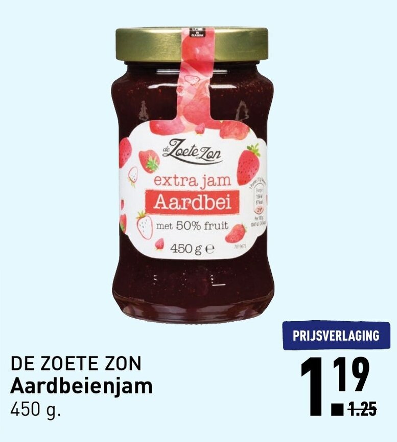 De zoete zon aardbeienjam 450g aanbieding bij ALDI