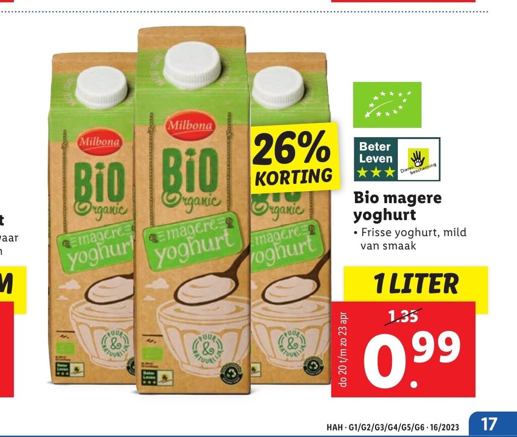 Bio magere yoghurt 1 liter aanbieding bij Lidl