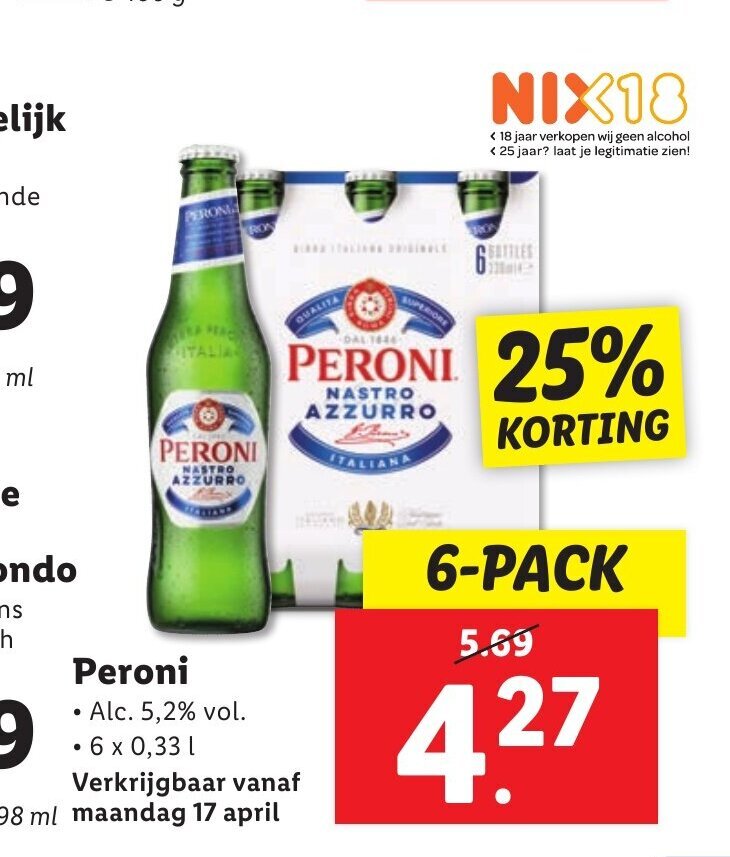 Peroni 6 x 0,33 l aanbieding bij Lidl