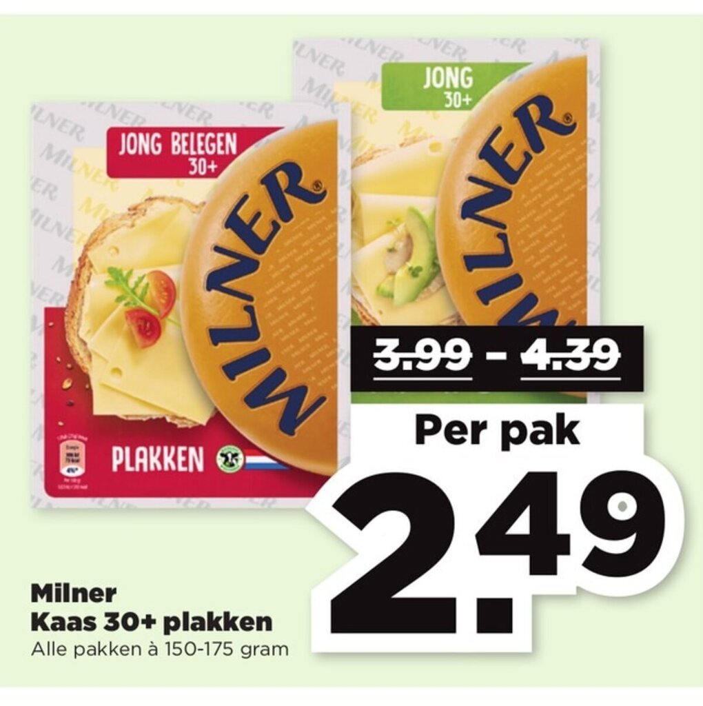 Milner kaas 30+ plakken per pak aanbieding bij PLUS