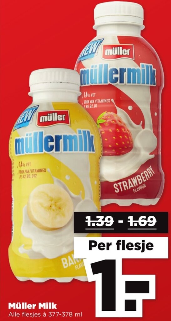 Muller milk 377-378ml per flesje aanbieding bij PLUS