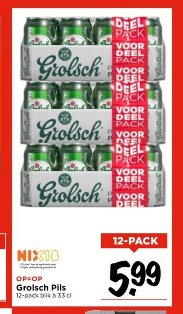 Grolsch Pils 12-pack blik a 33 cl aanbieding bij Vomar Voordeelmarkt
