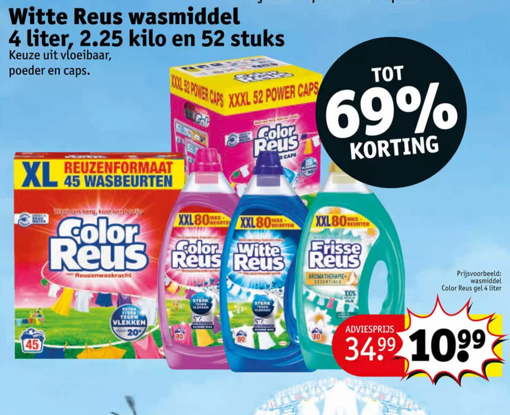Witte reus wasmiddel 4 liter, 2.25 kilo en 52 stuks aanbieding bij Kruidvat