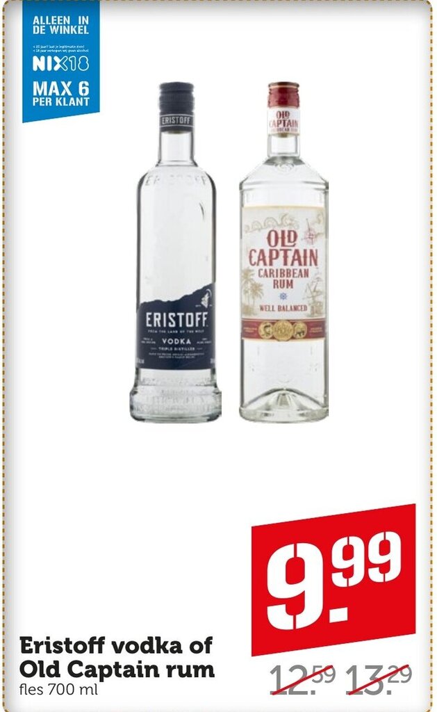 Eristoff vodka of Old Captain rum 700ML aanbieding bij Coop