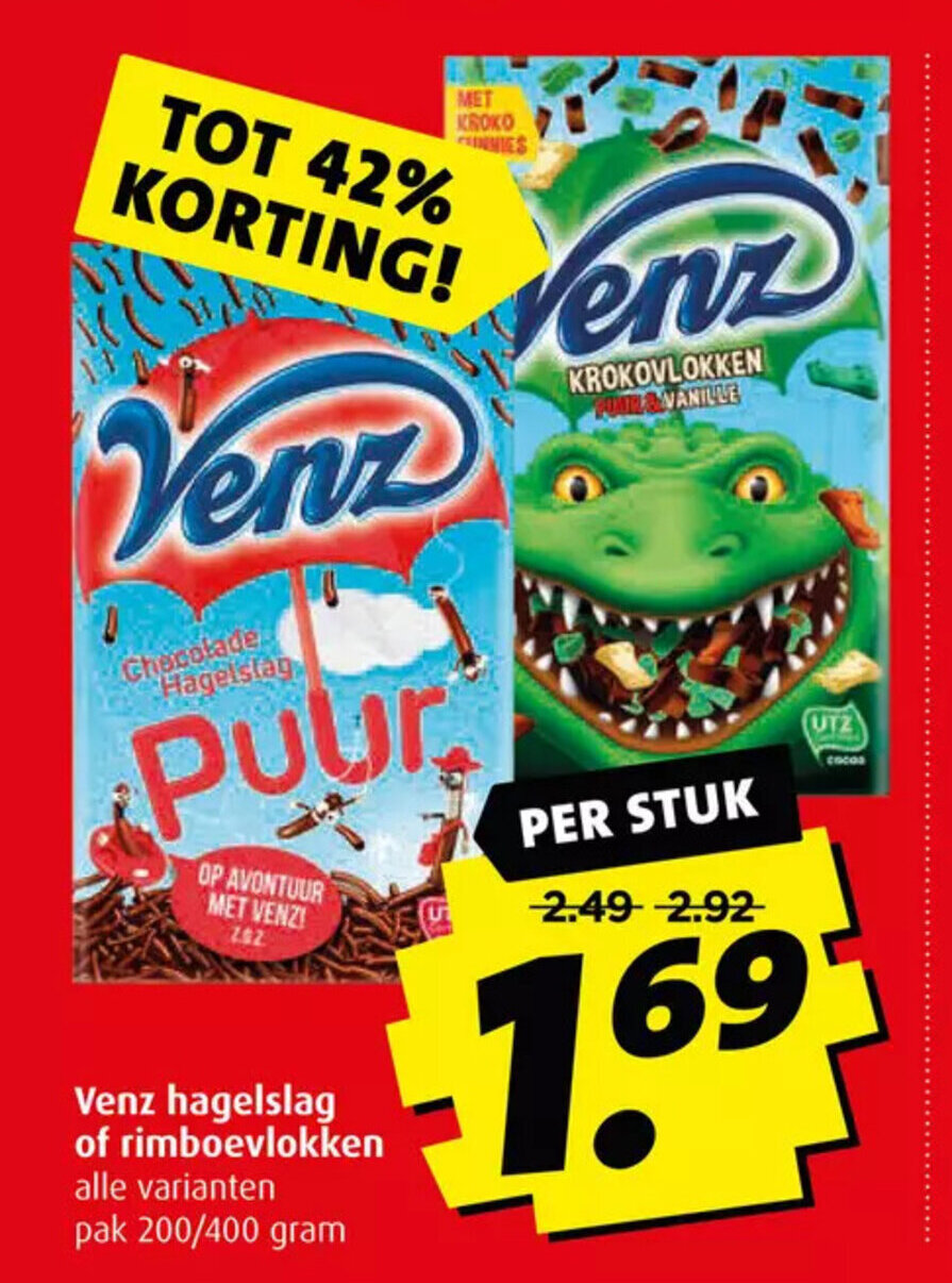 Venz hagelslag of rimboevlokken 200/400 gram aanbieding bij Boni