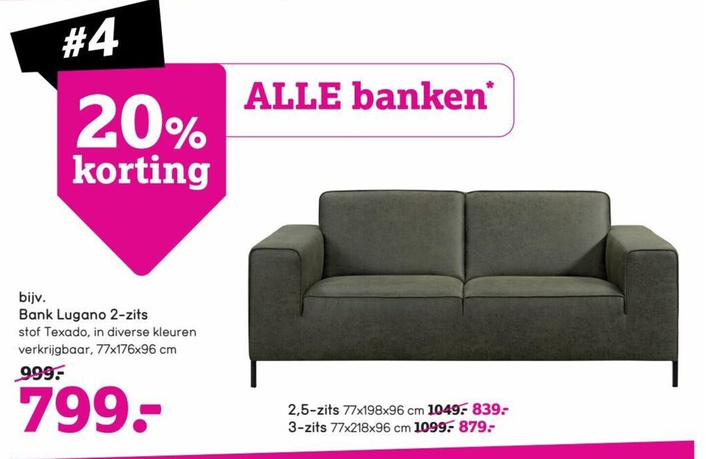 Bank lugano 2-zits 77x176x96CM aanbieding bij Leen Bakker