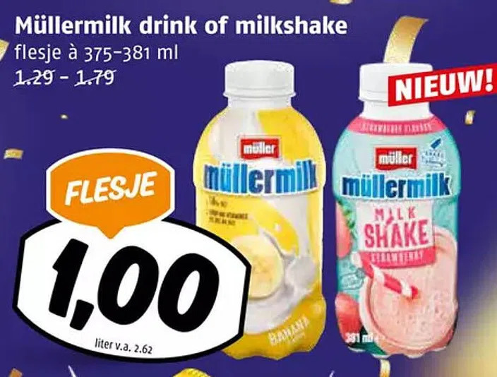 Müllermilk drink of milkshake flesje à 375-381 ml aanbieding bij Poiesz