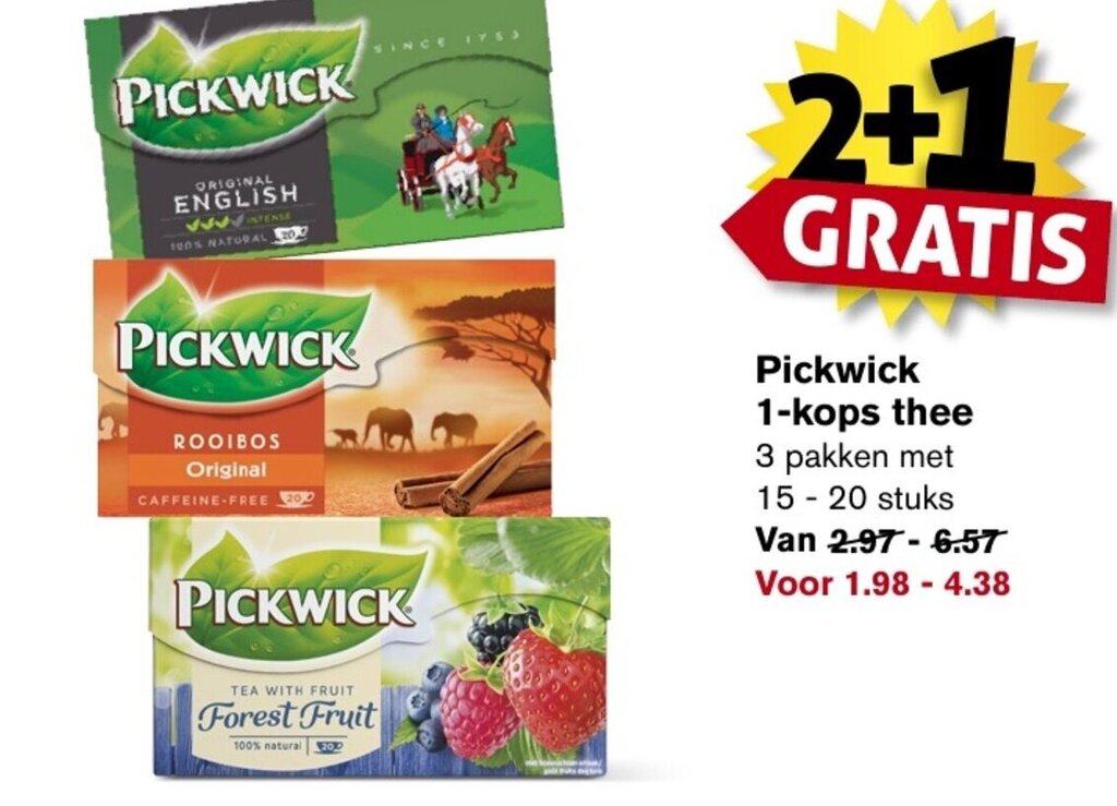 Pickwick 1-kops thee 2+1 gratis aanbieding bij Hoogvliet