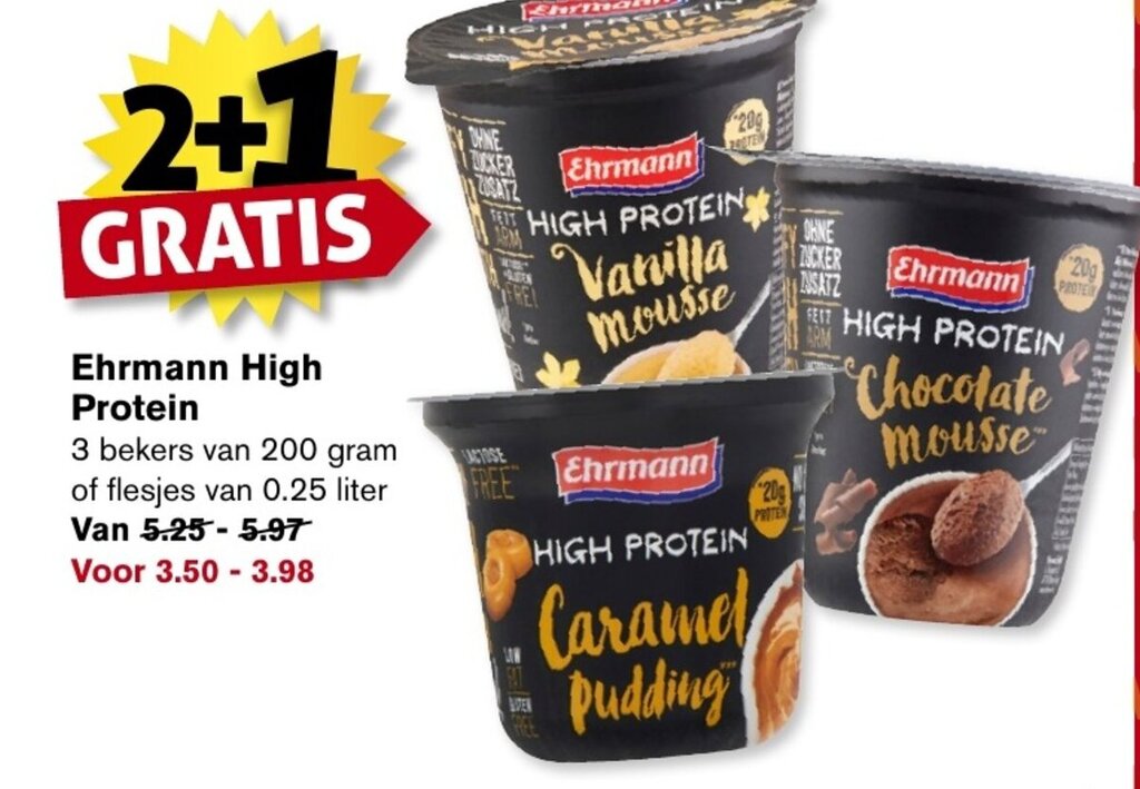 Ehrmann high protein 200g 2+1 gratis aanbieding bij Hoogvliet