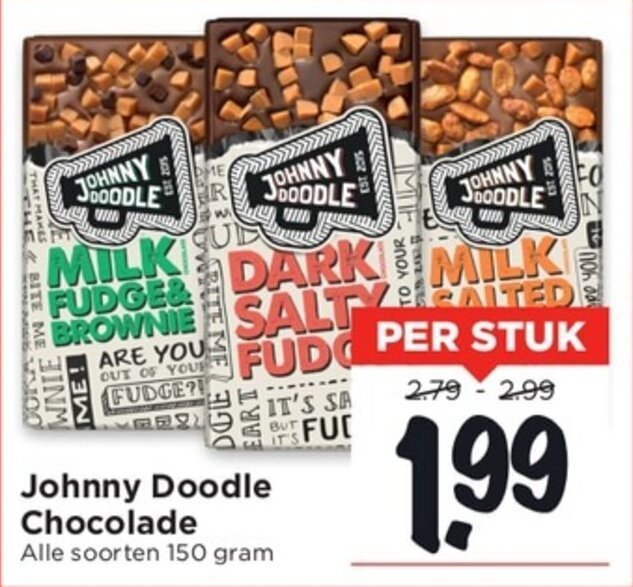 Johnny Doodle chocolade 150 gram aanbieding bij Vomar