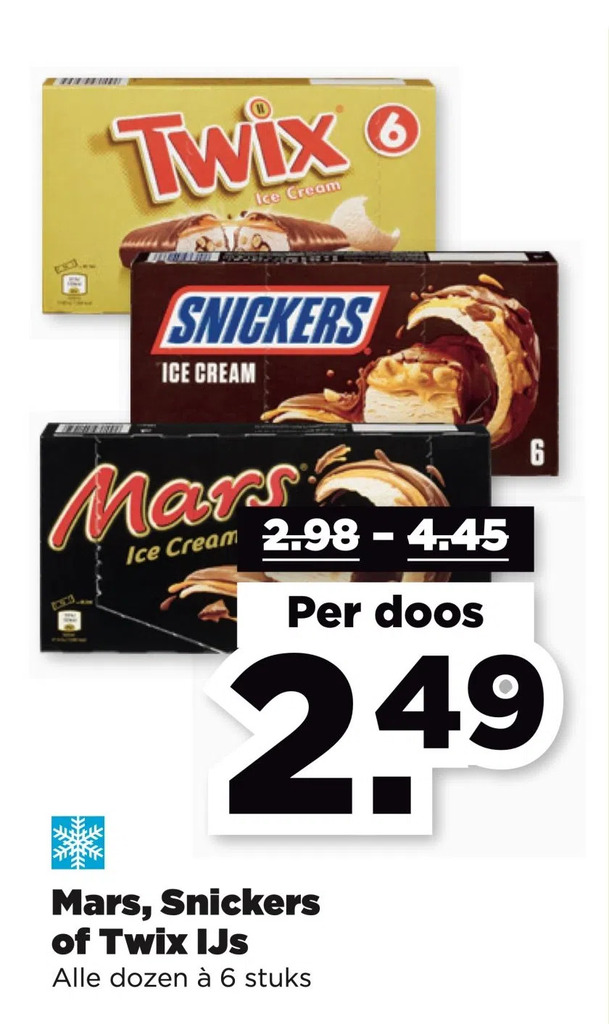 Mars, snickers of twix ijs aanbieding bij PLUS