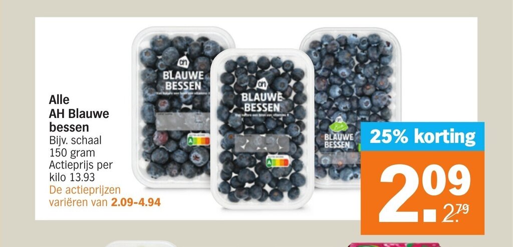 Alle AH Blauwe bessen 150 gram aanbieding bij Albert Heijn