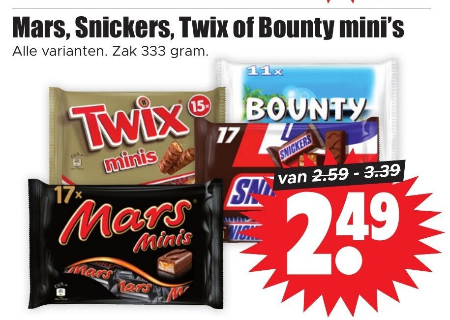 Mars, Snickers, Twix of Bounty mini's 333g aanbieding bij Dirk