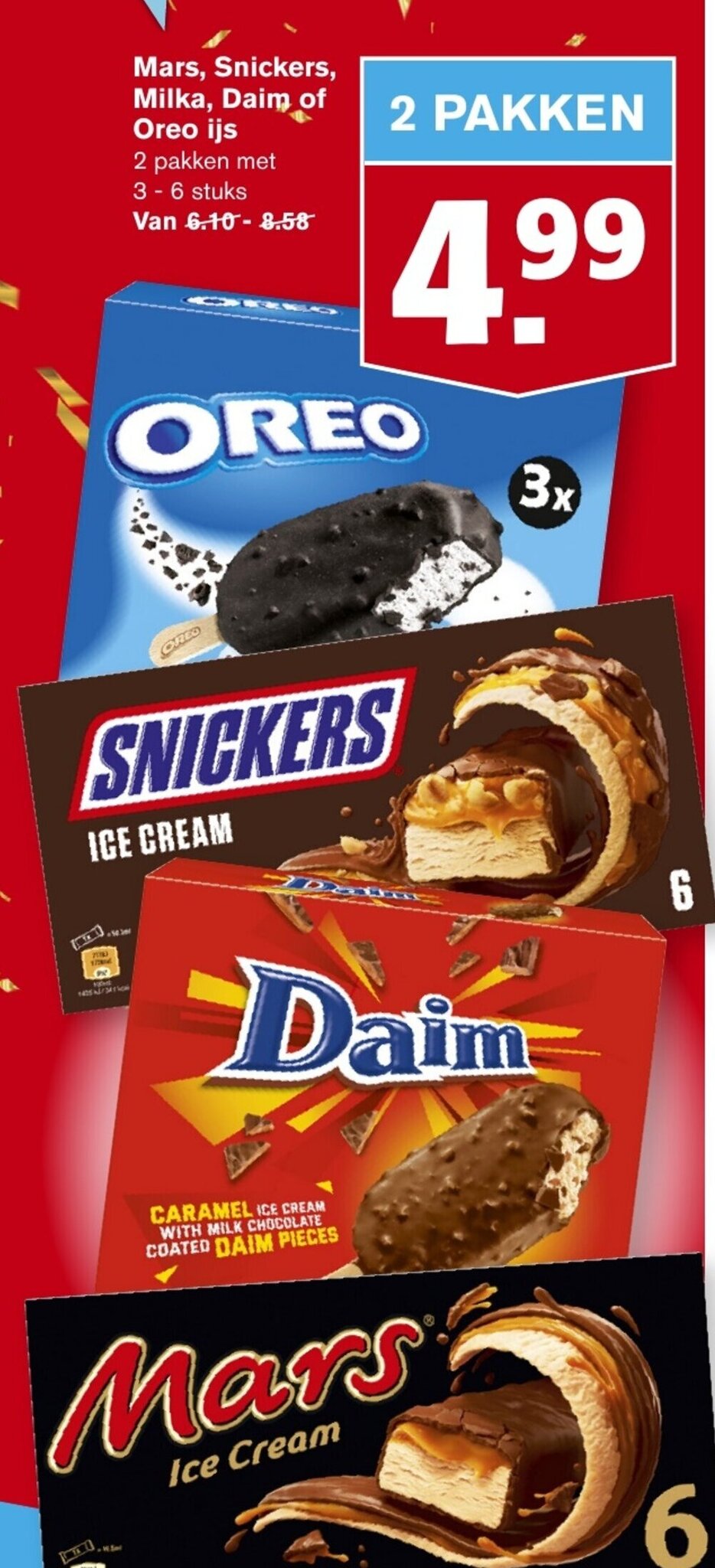 Mars, Snickers, Milka, Daim of Oreo ijs aanbieding bij Hoogvliet