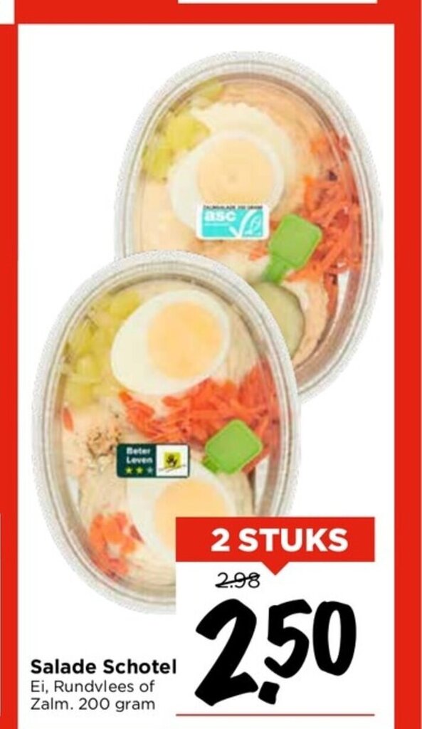 Salade Schotel Ei, Rundvlees of Zalm. 200 gram aanbieding bij Vomar ...