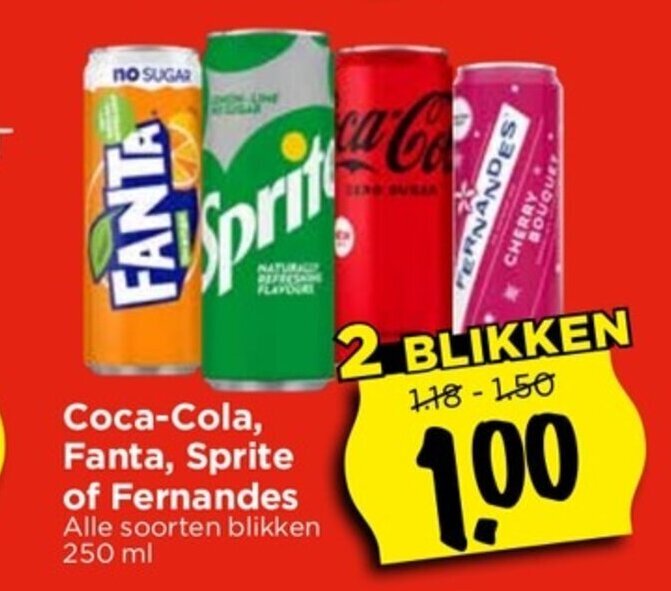 Coca-Cola, Fanta, Sprite of Fernandes Alle soorten blikken 250 ml 2 ...