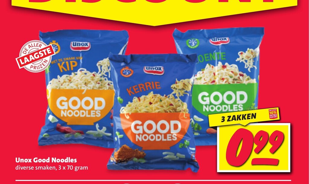 Unox Good Noodles diverse smaken, 3 x 70 gram aanbieding bij Nettorama