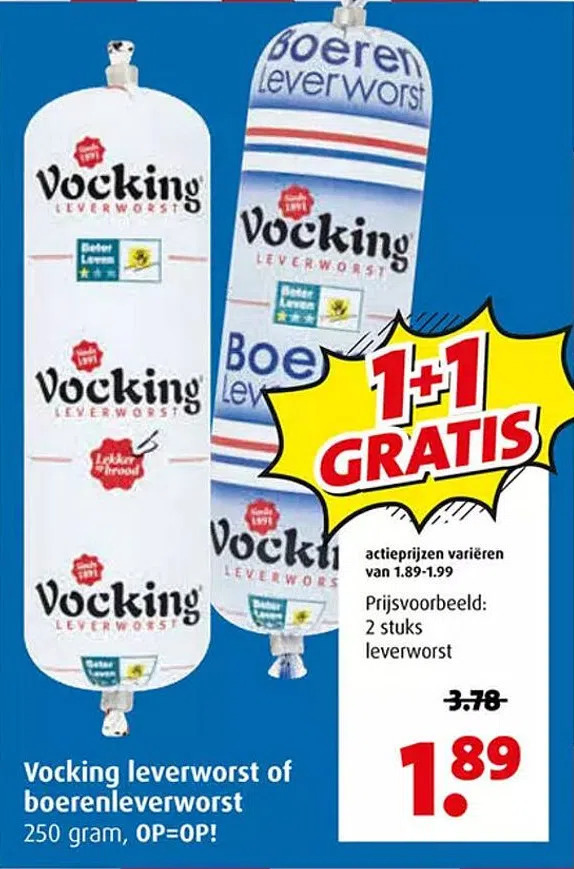 Vocking leverworst of boerenleverworst 1+1 gratis aanbieding bij Boni