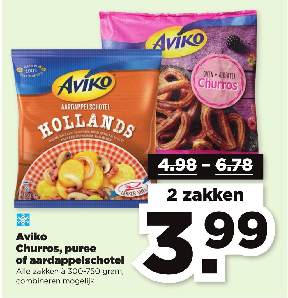 Aviko Churros, puree of aardappelschotel aanbieding bij PLUS